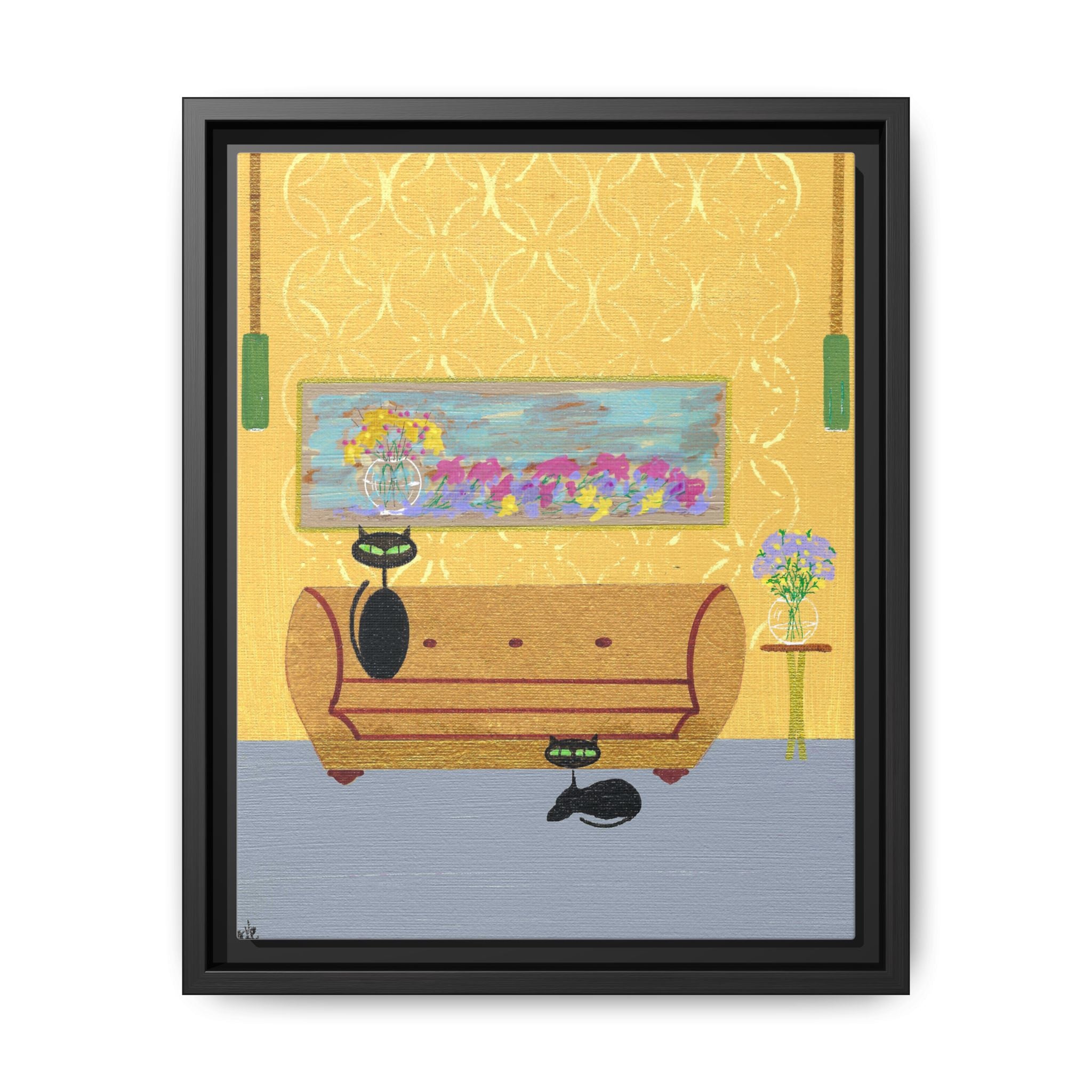 Framed Matte Canvas Wall Art — Two Black Cats on 1970s Vintage Furnitu ...